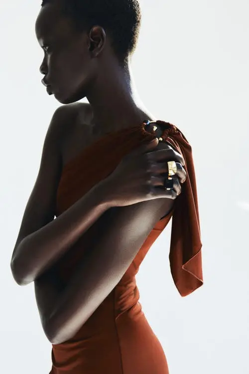 H&M One-shoulder Draped Midi Dress - Rust Brown