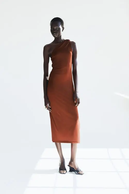 H&M One-shoulder Draped Midi Dress - Rust Brown
