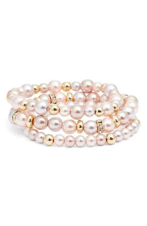 Nordstrom Set Of 3 Faux Pearl Stretch Bracelets With Cubic Zirconia And Goldtone Stations - Blush- Gold