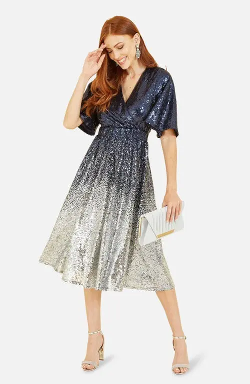 YUMI Ombre Sequin V-neck Midi Dress