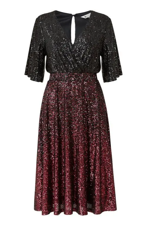 YUMI Ombre Sequin V-neck Midi Dress - Red