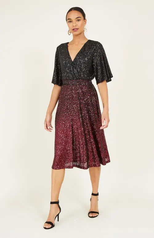 YUMI Ombre Sequin V-neck Midi Dress - Red