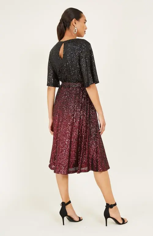 YUMI Ombre Sequin V-neck Midi Dress - Red