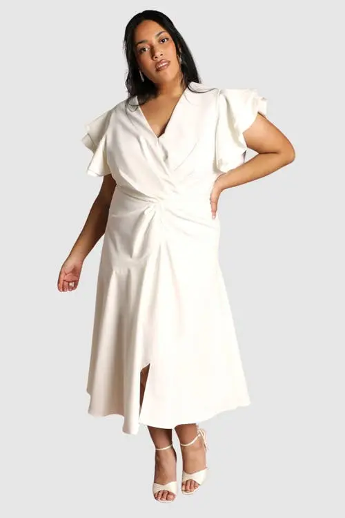 Coast Plus Wrap Midi Dress With Flutter Sleeves - Ivory