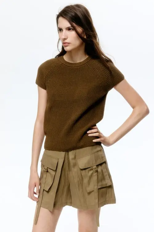 H&m Ribbed Knit Top With Raglan Sleeves - Brown