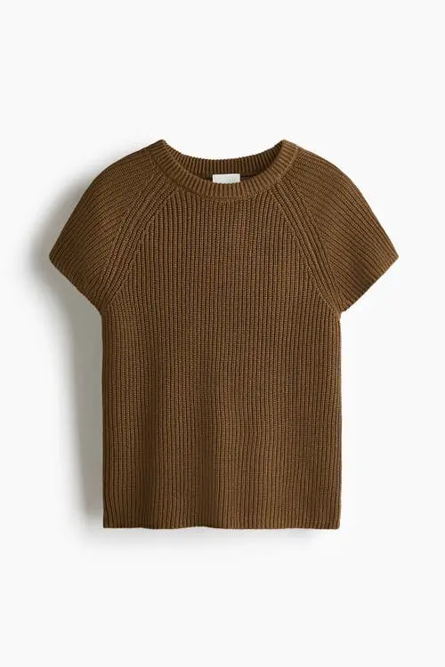 H&M Ribbed Knit Top With Round Neckline And Raglan Sleeves