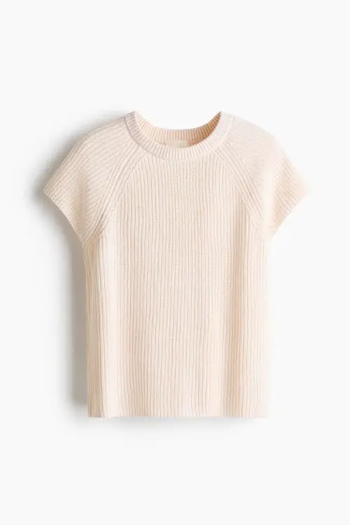H&m Ribbed Knit Top With Raglan Sleeves - Light Beige