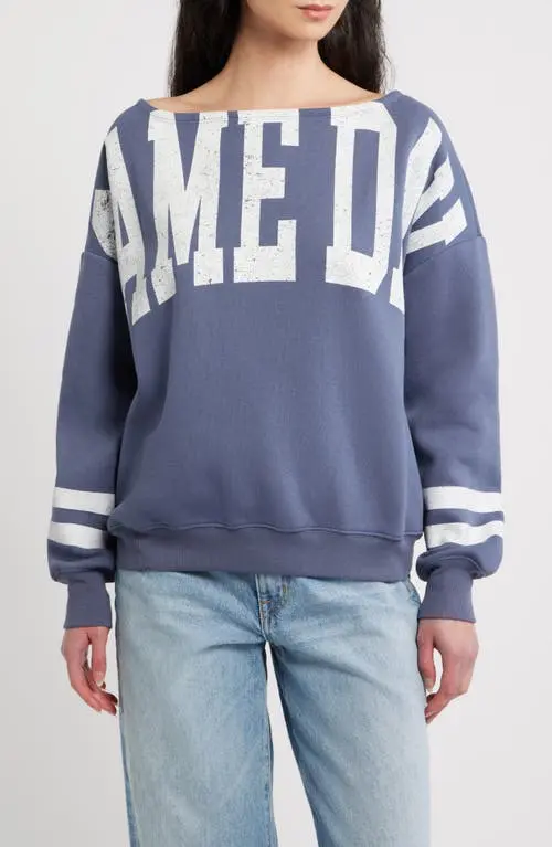 VINYL ICONS Game Day Off The Shoulder Graphic Sweatshirt - Grisaille