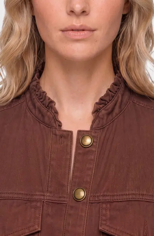 LIVERPOOL Puff Sleeve Ruffle Trim Trucker Jacket - Carob Brown