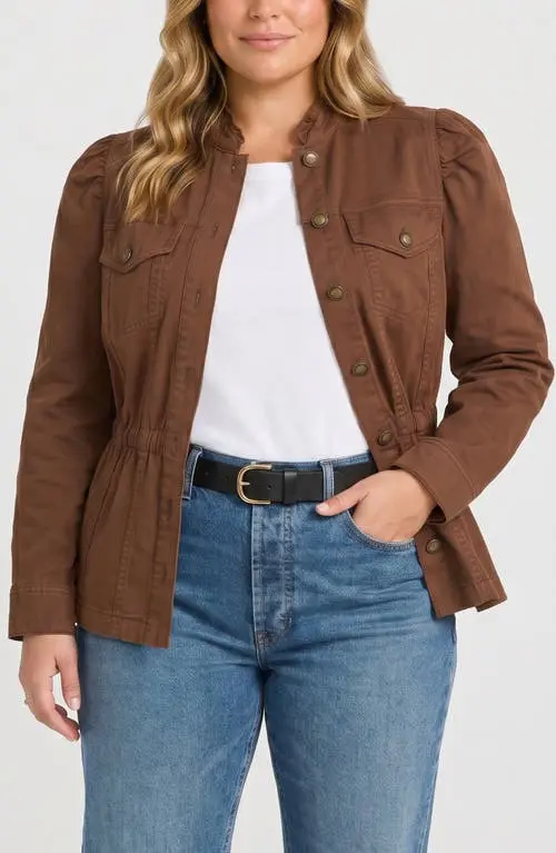 LIVERPOOL Puff Sleeve Ruffle Trim Trucker Jacket - Carob Brown