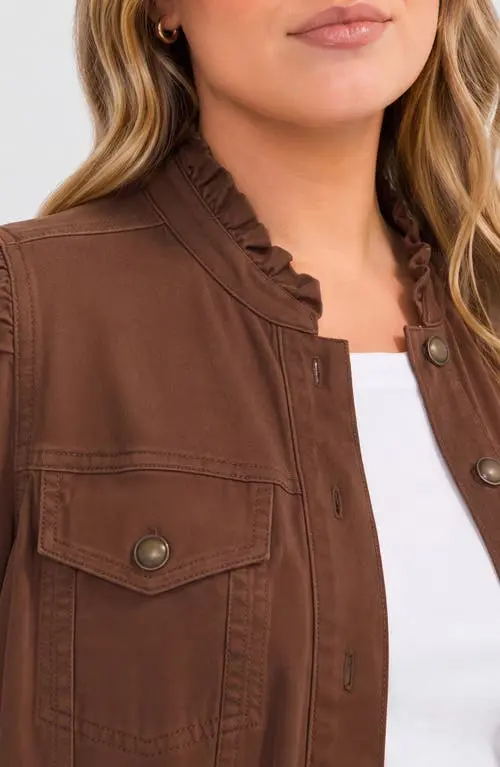 LIVERPOOL Puff Sleeve Ruffle Trim Trucker Jacket - Carob Brown