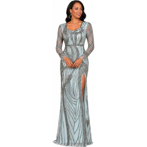 LARA NEW YORK Embellished V-neck Long Sleeve Gown - Blue Mercury