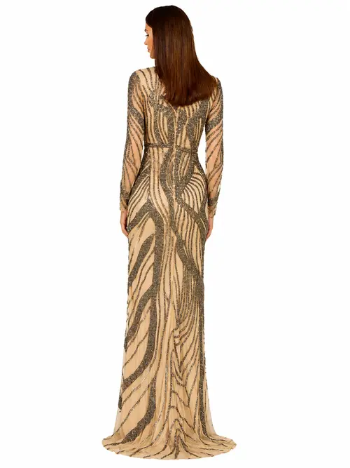 LARA NEW YORK Cascading Beads Long Sleeve Dress - Nude