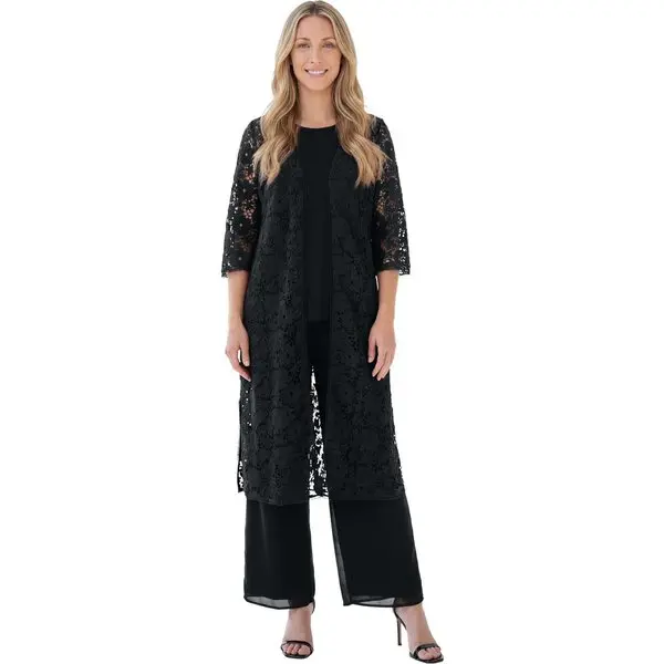 Roaman's Allover Lace Duster Pant Set - Black