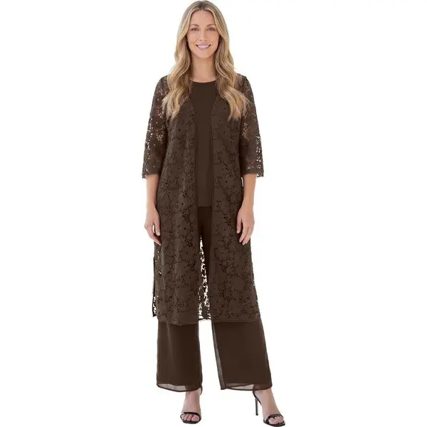 Roaman's Allover Lace Duster Pant Set - Chocolate