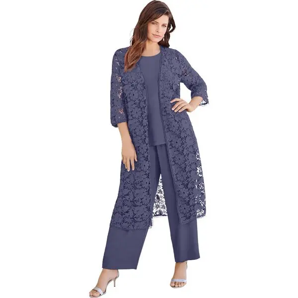 Roaman's Allover Lace Duster Pant Set - Deep Dusk