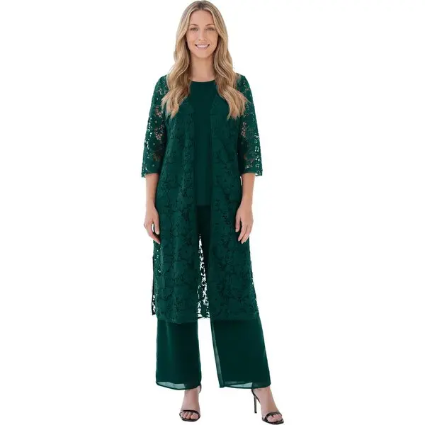 Roaman's Allover Lace Duster Pant Set - Emerald Green
