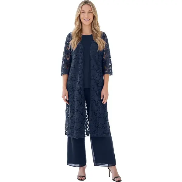 Roaman's Allover Lace Duster Pant Set - Navy