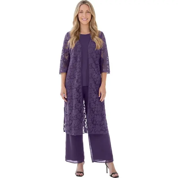 Roaman's Allover Lace Duster Pant Set - Purple Grape