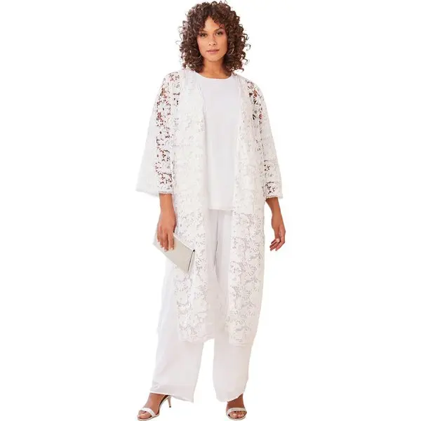 Roaman's Allover Lace Duster Pant Set - White