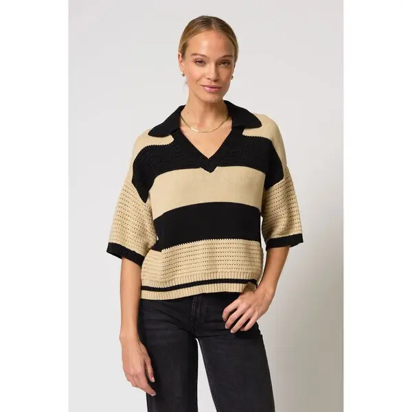 Central Park West Dean Mixed Stitch Rugby Sweater - Black/beige