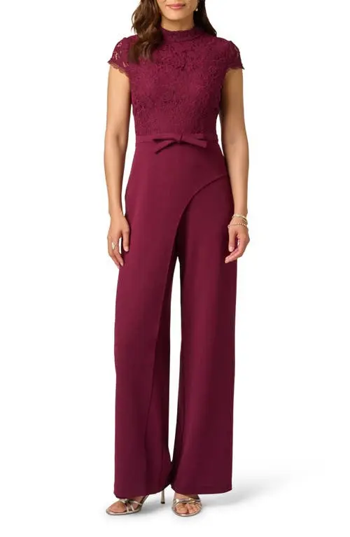 Adrianna Papell Mixed Media Lace And Crepe Jumpsuit - Cabernet