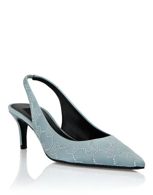 Philipp Plein Satin Slingback Shoes Low Heels Monogram Strass - Lightblue