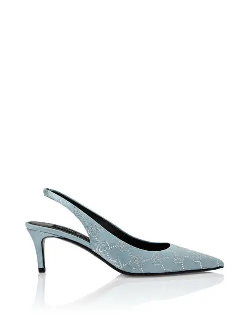 Philipp Plein Satin Slingback Shoes Low Heels Monogram Strass - Lightblue