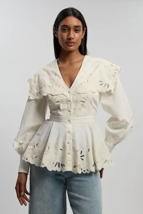 Karen Millen Cutwork Detail V-neck Peplum Blouse