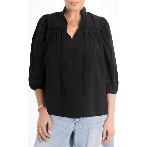 OCEAN+MAIN Cotton Tie Neck 3/4 Sleeve Top - Black