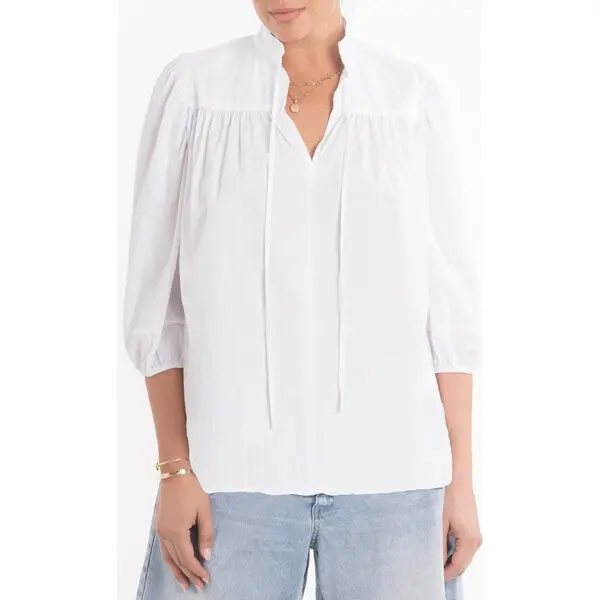 OCEAN+MAIN Cotton Tie Neck 3/4 Sleeve Top - White