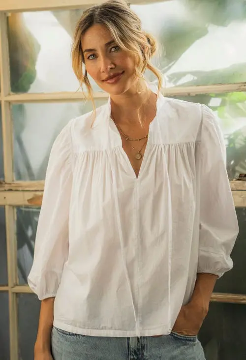 OCEAN+MAIN Cotton Tie Neck 3/4 Sleeve Top - White