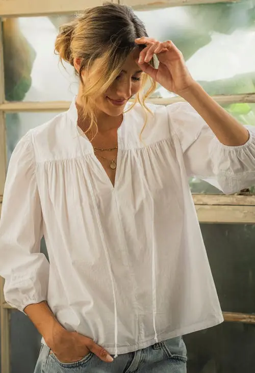 OCEAN+MAIN Cotton Tie Neck 3/4 Sleeve Top - White