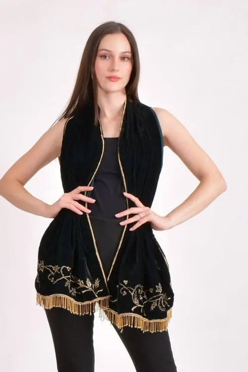 RAAS Zari & Cutdana Hand Embroidered Velvet Scarf - Teal