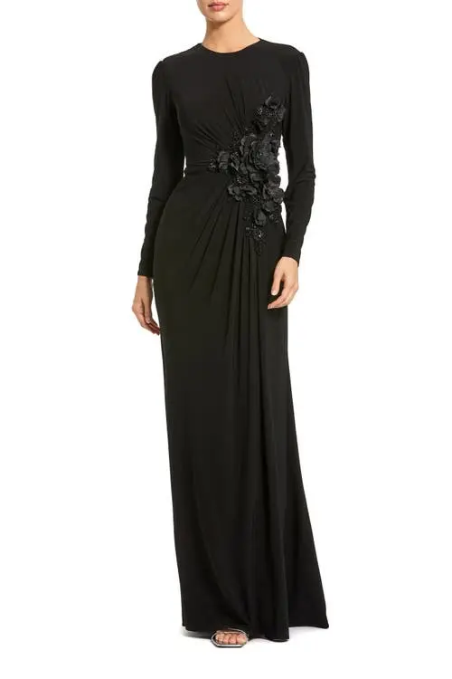 Mac Duggal Long Sleeve High Neck Floral Beaded Jersey Gown