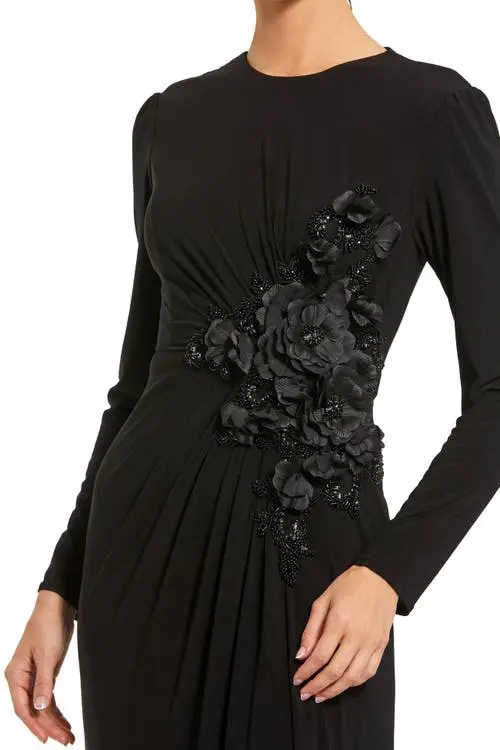 Mac Duggal Long Sleeve High Neck Floral Beaded Jersey Gown