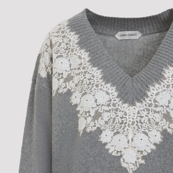 Alberta Ferretti Fine Knit V-neck Sweater With Lace Appliqu - Multicolor