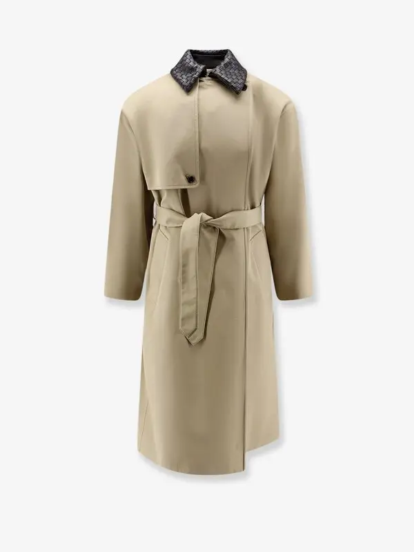 Bottega Veneta Light Cotton Trench Coat With Intrecciato Leather Collar - Multicolor