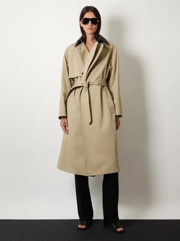Bottega Veneta Light Cotton Trench Coat With Intrecciato Leather Collar - Multicolor