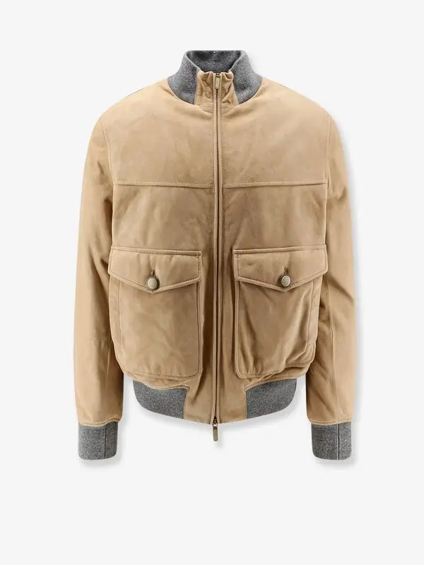 Brunello Cucinelli Padded Suede Bomber Jacket With Ribbed Cashmere Trim - Cream