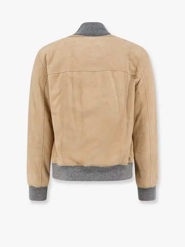 Brunello Cucinelli Padded Suede Bomber Jacket With Ribbed Cashmere Trim - Cream