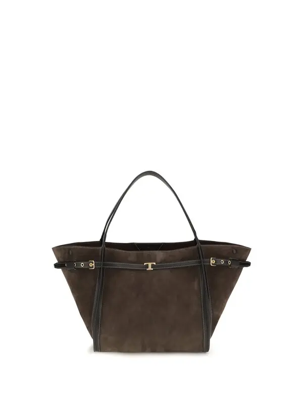 TOD'S Suede Tote Bag With T Timeless Detail - Brown