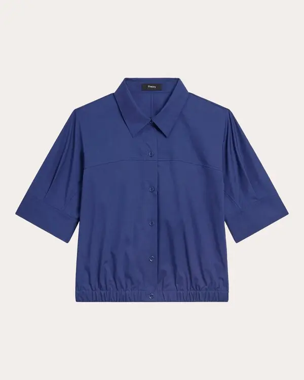 Theory Relaxed Poplin Elasticized Button-up Top - Blue
