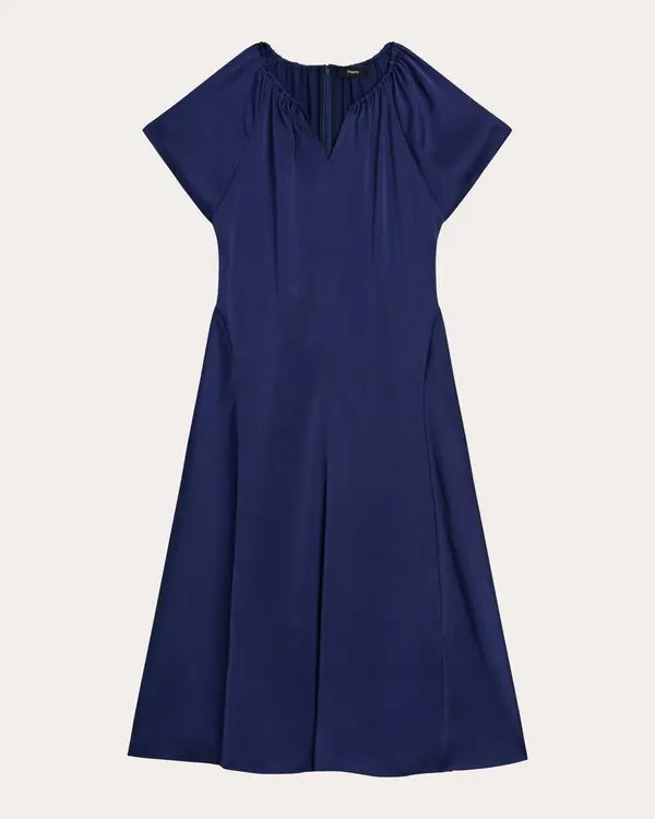 Theory Satin Gathered Notch Midi Dress - Blue