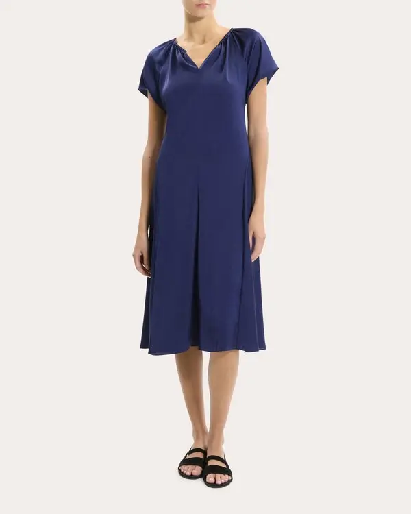 Theory Satin Gathered Notch Midi Dress