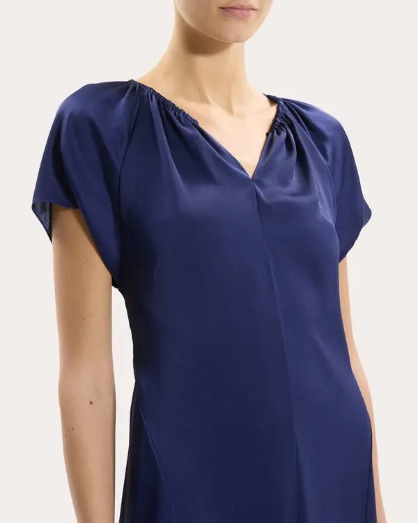 Theory Satin Gathered Notch Midi Dress