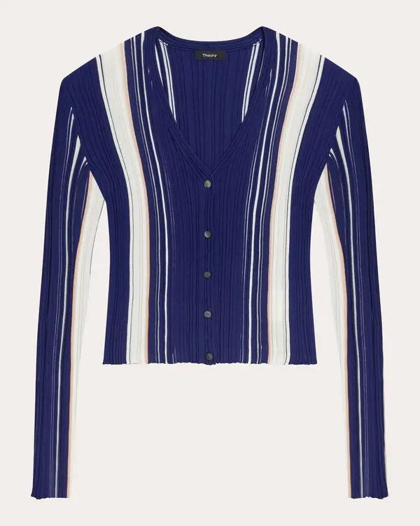 Theory Rib Knit Striped Cropped Cardigan - Blue