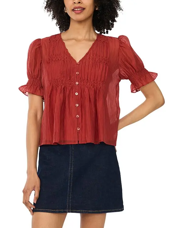 Vince Camuto Pintuck Puff Sleeve V Neck Top - Rust