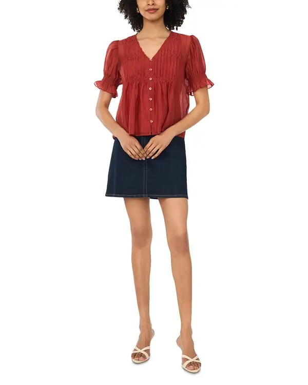 Vince Camuto Pintuck Puff Sleeve V Neck Top