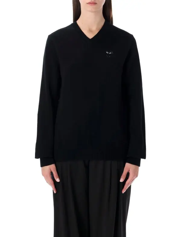 Play Comme Des Garcon V-neck Wool Sweater With Crystal Embellished Heart